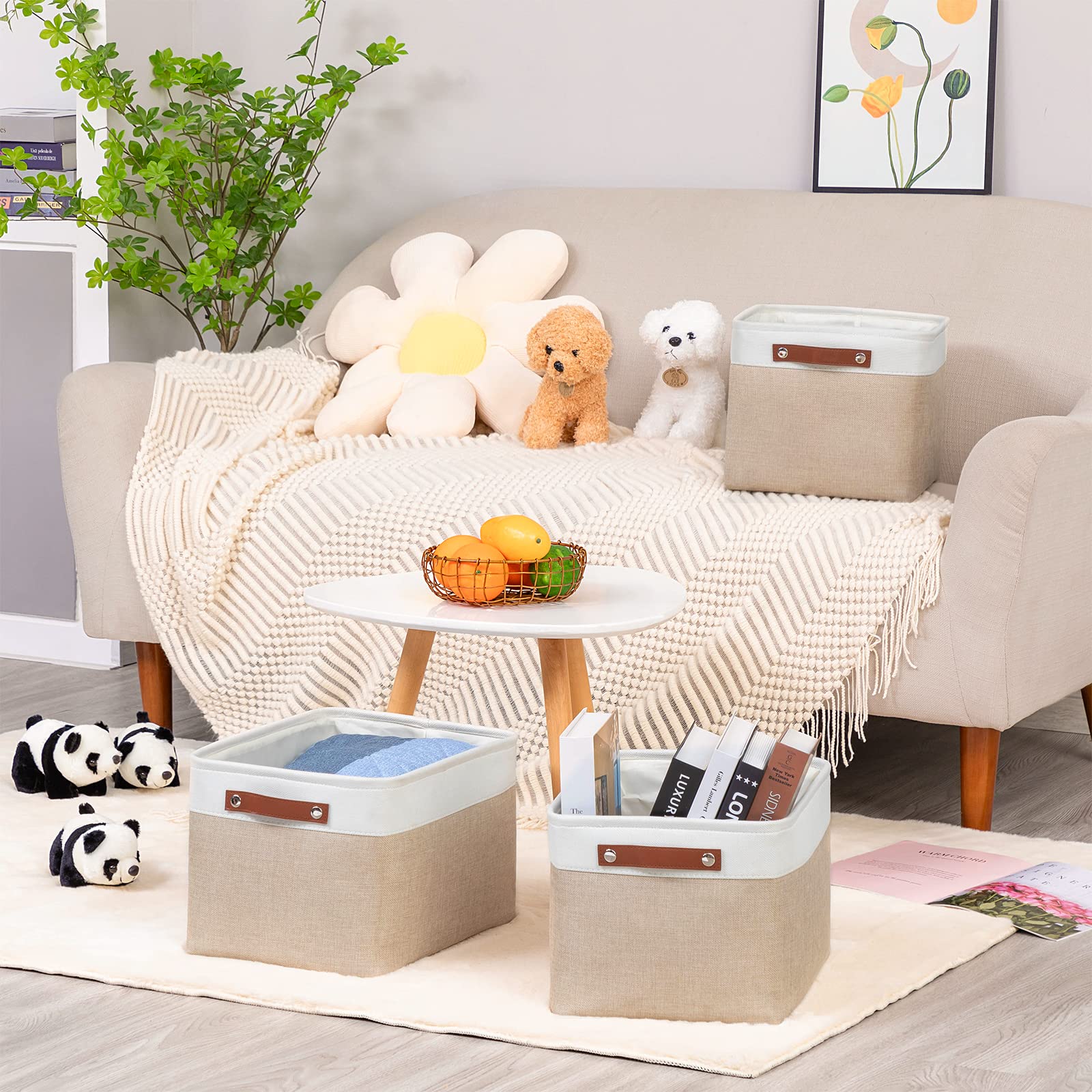 Ecegeva Fabric Storage Bins, Large Storage Baskets with Handles for Toys Towels Books Organization, Foldable Linen Cloth Storage Baskets for Organizing Closet Laundry Nursery(White&Khaki)