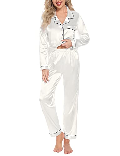 Senert Women's Long Sleeve Sleepwear Button Down Satin 2 Piece Pajama Set White,Medium