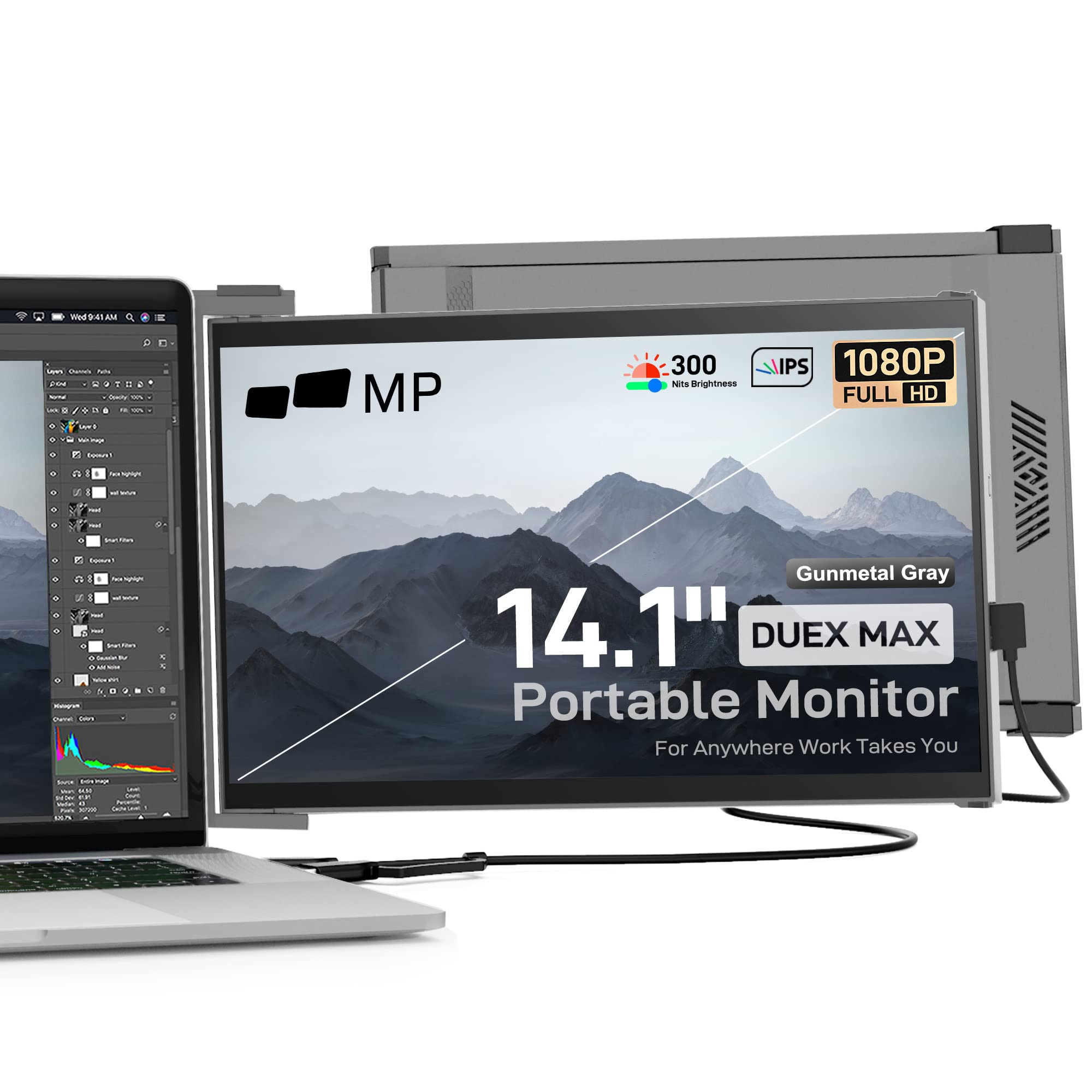 Duex Max Grey Portable Monitor with Adhesive, New Mobile Pixels 14.1" Full HD 1080P IPS Auto Rotated Laptop Screen Extender, USB A/Type-C USB Powered Plug and Play (1 Max Grey and 12* Adhesive)