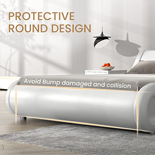 SHA CERLIN Full Size Bed Frame Luxury Wave-Like Modern Upholstered Low Profile Platform Bed, Faux Leather Sleigh Bed with Adjustable Headboard, No Box Spring Needed, White