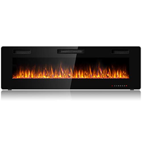 Tangkula 60 Inches Recessed Electric Fireplace, in-Wall & Wall Mounted Electric Heater with Adjustable Flame Color & Speed, Remote Control, Touch Screen, 750-1500W (60 Inches)