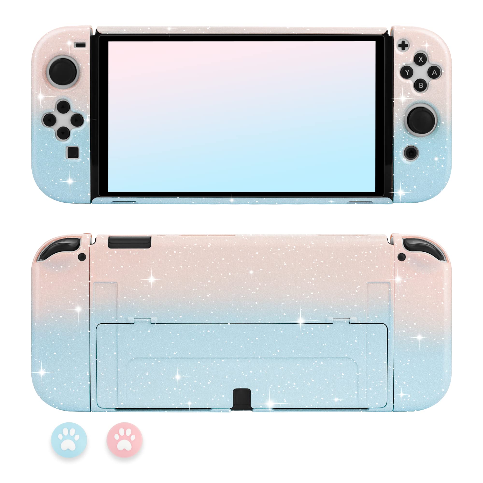 GLDRAM Glitter Pink-Blue Protective Case for Nintendo Switch OLED, Cover for Switch OLED Console and Joycon Controller, Dockable Hard Shell Anti-scratch with 2 Thumb Grip Caps for Girl