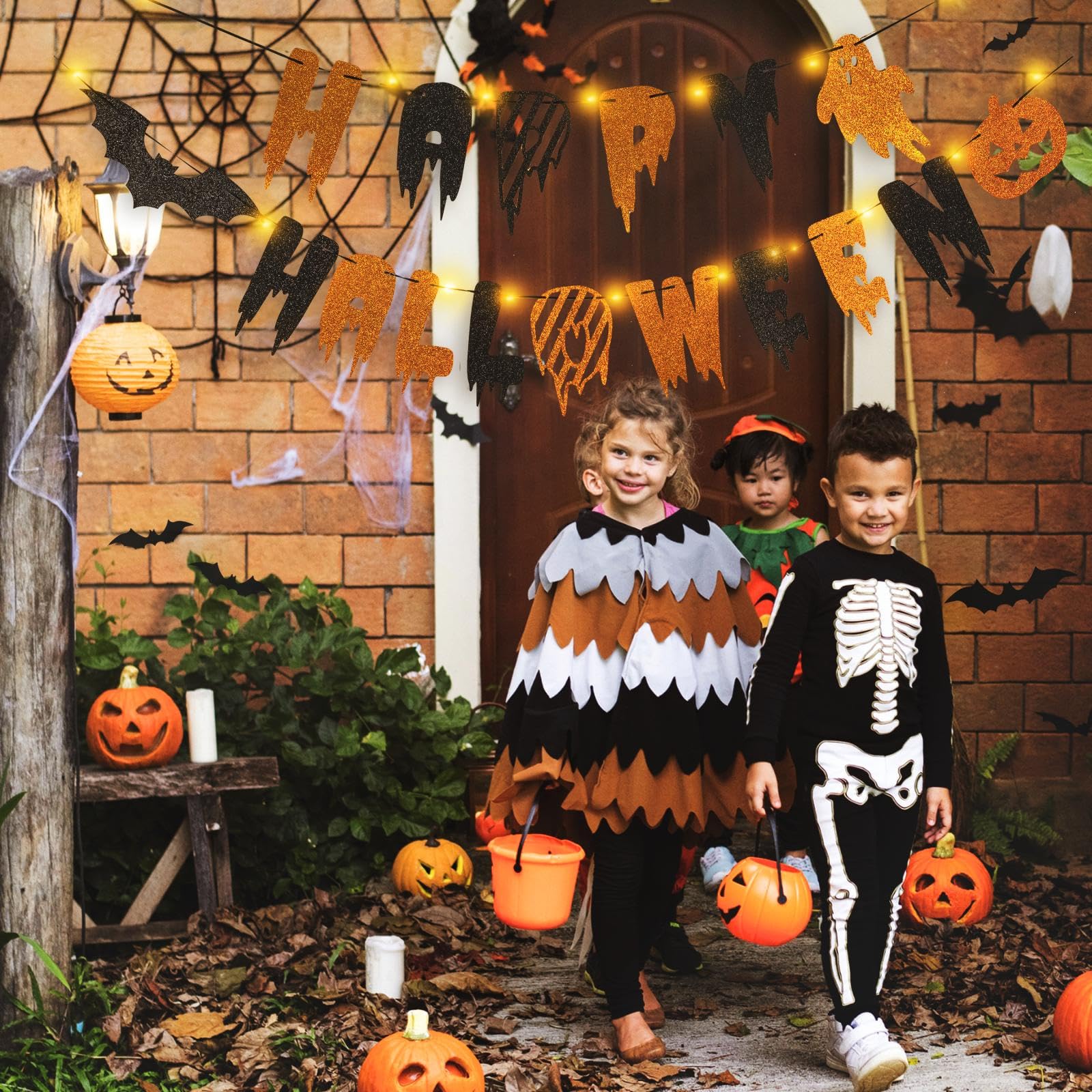 GIZIUXNE Happy Halloween Banner Set with LED Light Strip and 3D Bats Wall Decor for Halloween Party Decorations Indoor or Outdoor