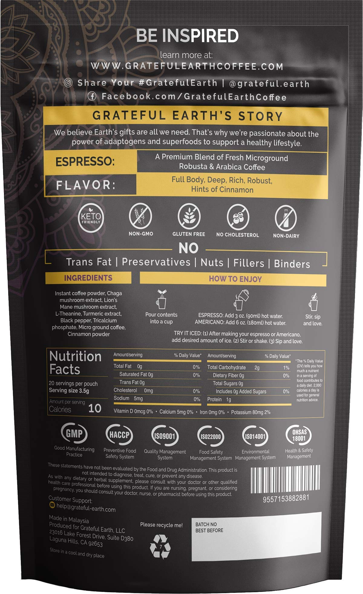 Grateful Earth Super Brain Blend Instant Gourmet Espresso Black Coffee with Nootropics 20 Packets Microground Robusta and Arabica Coffee with Turmeric, Cinnamon, Black Pepper