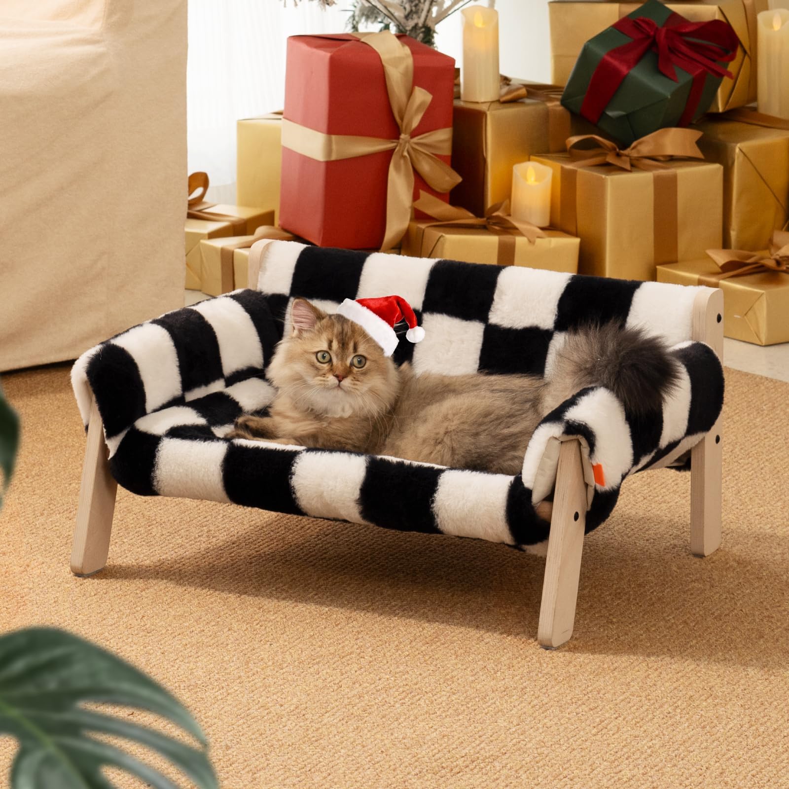 MEWOOFUN Cat Couch Bed, Pet Sofa for Indoor Cats Wooden Indoor Elevated Cat Beds with Removable Mattress Cover Suitable for Kitty, Puppy or Small Animal (Chessboard, Medium)