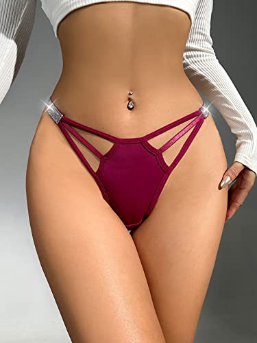 SOLY HUX Thongs for Women Cutout Glitter Underwear Panties Sexy Panty Solid Burgundy M