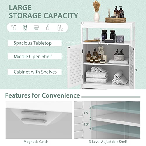 Tangkula Bathroom Storage Floor Cabinet, Free Standing Storage Cabinet with Double Shutter Doors and 3-Position Adjustable Shelves, Wooden Storage Cabinet Organizer for Bathroom, Living Room (White)