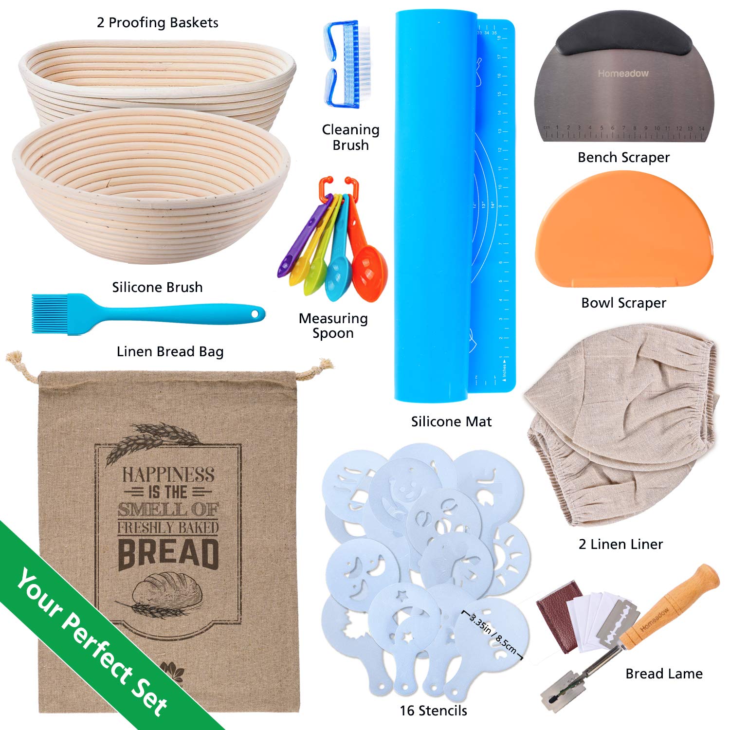 HOMEADOW Banneton Bread Proofing Basket - Perfect Gift - 11 Pcs Kit: 10' Oval + 9' Round Brotform, Liner, Bread Lame, Bench Scraper, Dough Scraper, Stencils, Baking Mat, Bread Bag, Brush | Sourdough