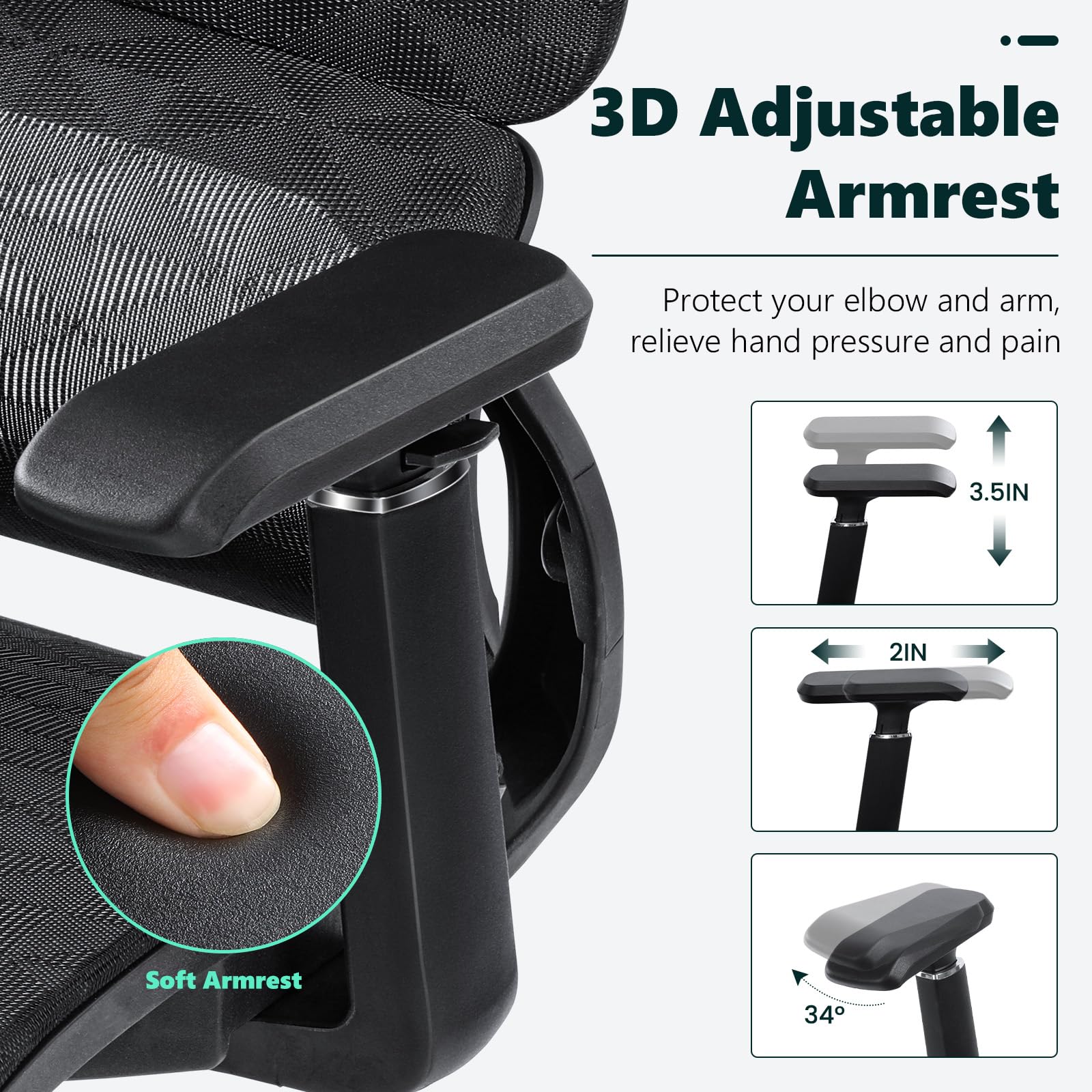 Ergonomic Office Chair, High Back Mesh Executive Chair with Lumbar Support, Adjustable Seat Depth, 3D Armrest & Headrest, Comfy Computer Desk Chair with Metal Base, for Gaming, Hotel, Black