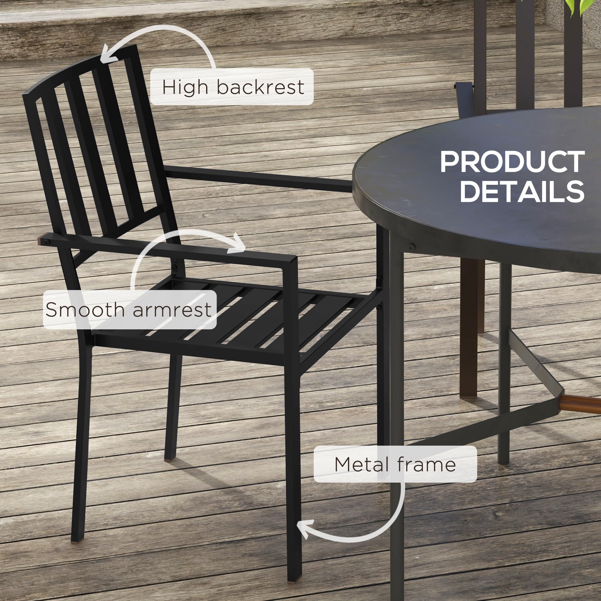 Outsunny Set of 2 Patio Dining Chairs, Stackable Outdoor Garden Bistro Chairs with Metal Slatted Seat & Backrest for Yard, Garden, Dark Brown