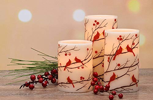 Mark Feldstein & Associates Flameless LED Glitter Berries and Cardinals Wax Pillar Candles with Timer, 3pc Set