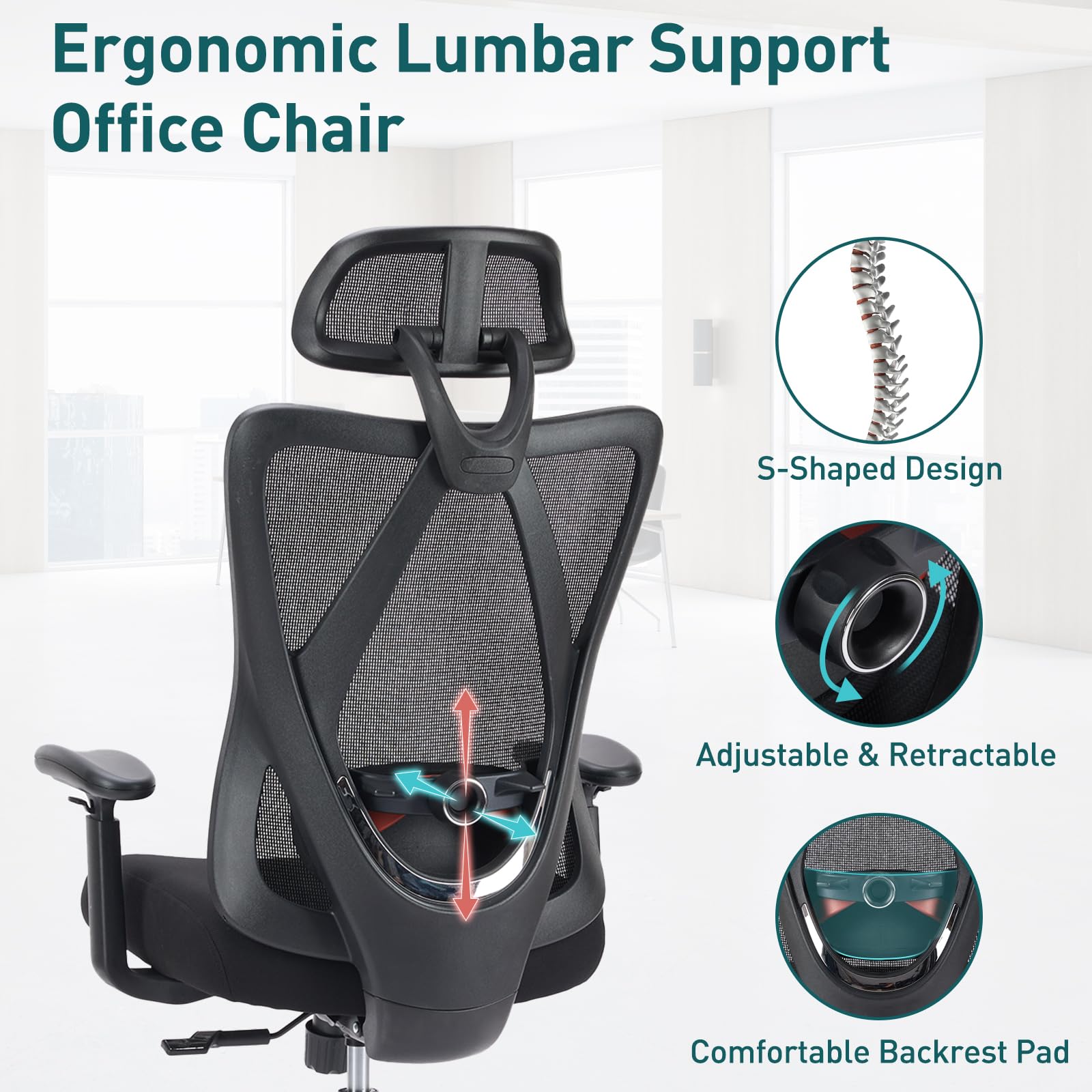 Ergonomic Office Chair - Executive High Back Desk Chair with 2D Flip-up Armrests, Height Adjustable Gaming Chair with Lumbar Support, Adjustable Headrest, 360°Swivel Mesh Task Chair with Tilt Function