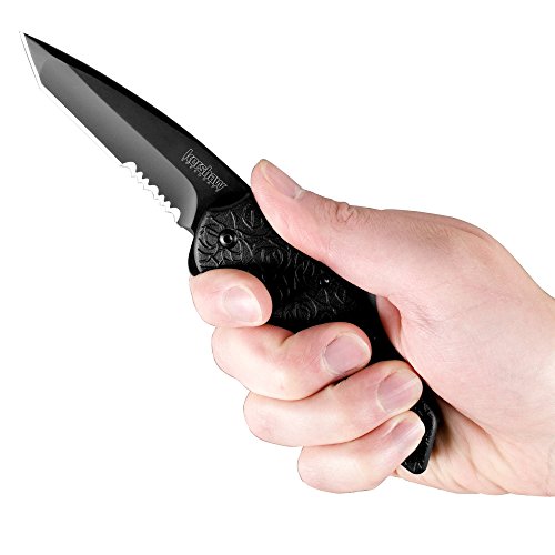 Kershaw Kuro Tanto Black Serrated Pocket Knife, 3.1β Steel Blade with Assisted Opening, Glass-Filled Nylon Handle with Deep-Carry Pocketclip, Small Folding Knife