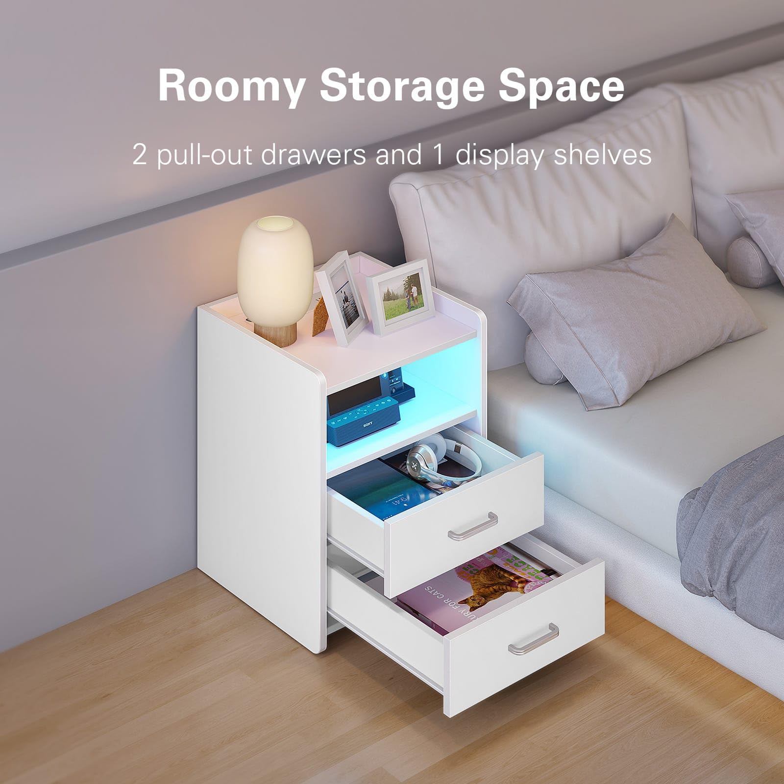 DEPAD Nightstand with Charging Station and LED Light Strip, Night Stands with 2 Drawers, Side Table for Bedroom, LED Black Nightstands (13.78" D x 15.75" W x 23.62" H)