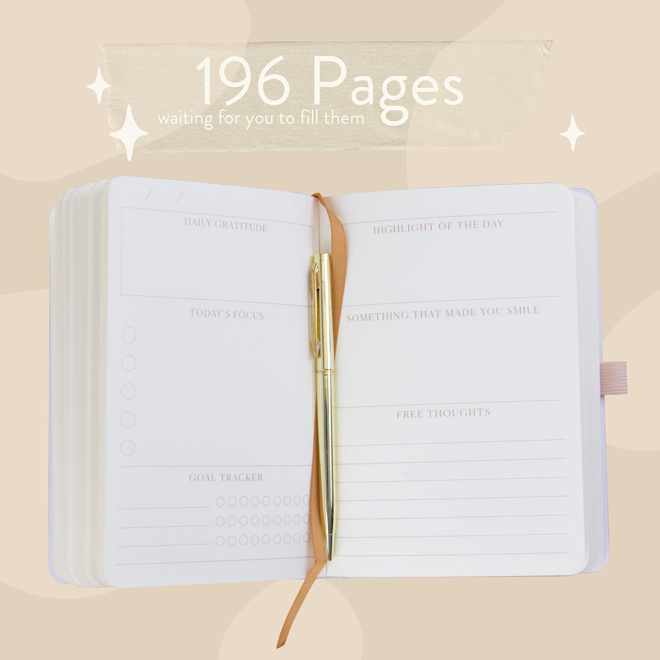 DesignWorks Ink Gratitude Journal with 196 Guided Pages for Daily Thoughts and Goals with Pen and Ribbon Marker | Undated Daily Mindfulness Journal, Orange and Gold Foil Pause