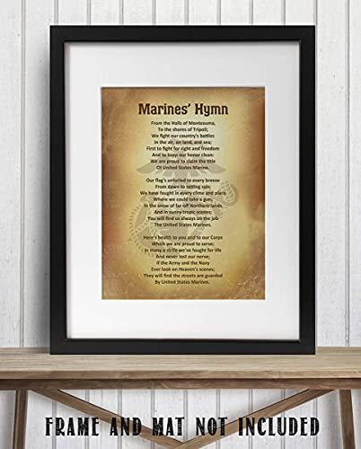 Marine Corps Hymn - Song Lyrics Wall Art Poster, This Ready to Frame Distressed Parchment Replica Logo Wall Art Decor Print is Good For Music Room, Office, and StudioRoom Decor, Unframed - 8X10β