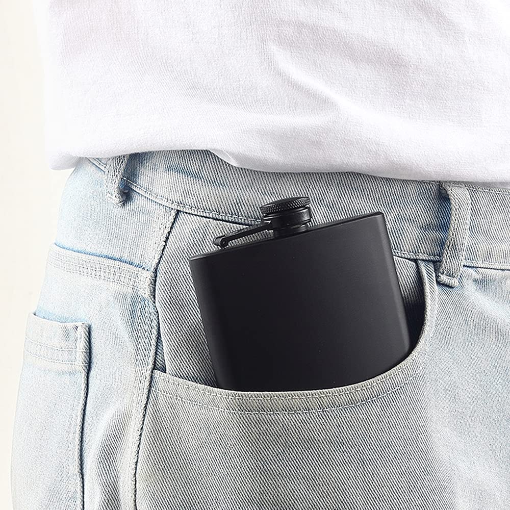 FYL 12 Oz 18/8 Stainless Steel Hip Flask for Liquor with Never-Lose Cap, Leakproof Easy Pour Funnel is Included, Matte Black