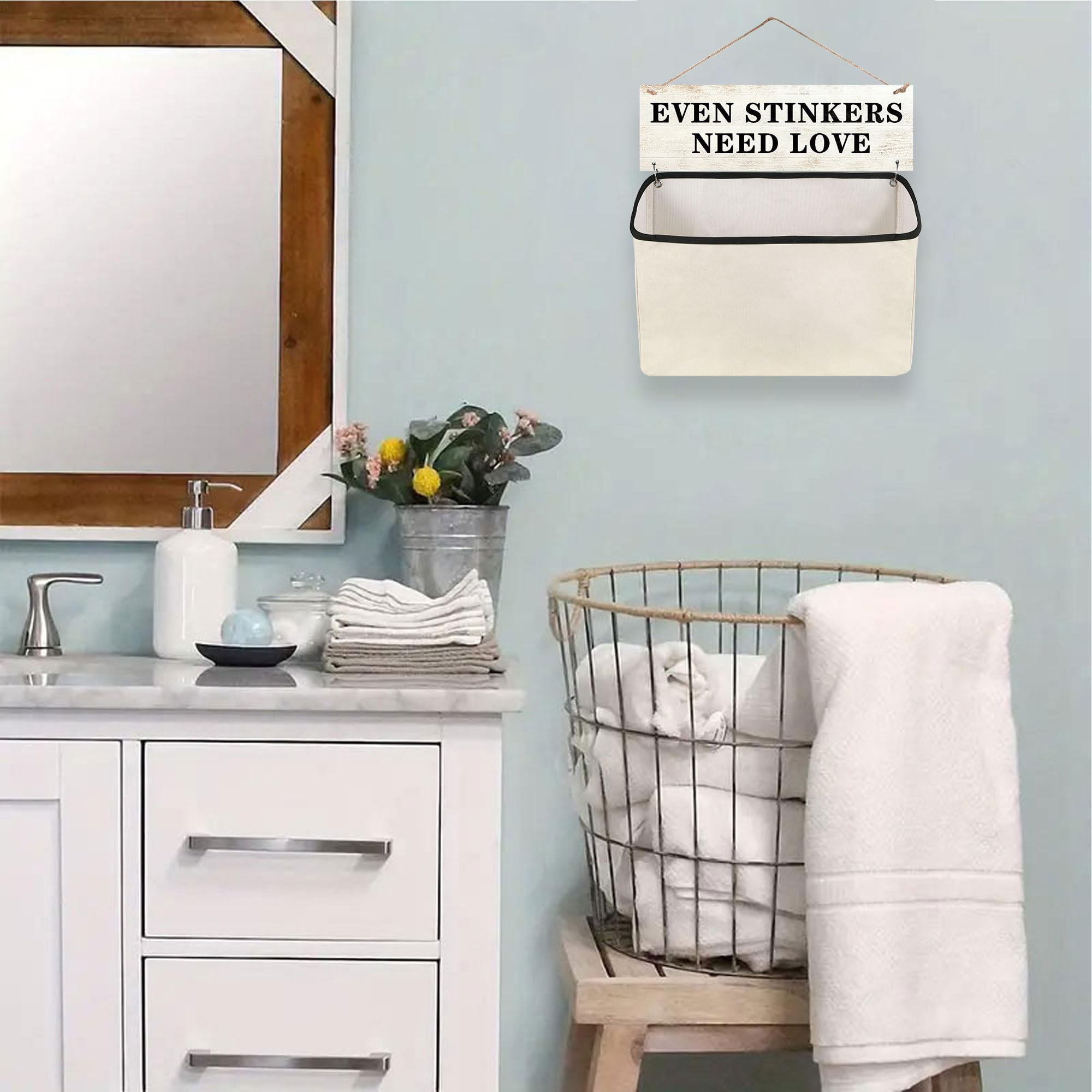 Laundry Room Decor and Organization: Wall-Hanging Lost Socks Storage Bag, Funny Wooden Sign - Single Canvas Basket for Sock Organization (DIRTY SOCKS GATHERING SPOT)