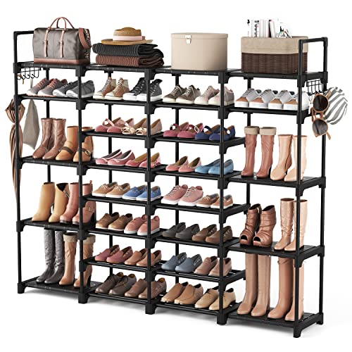 ROJASOP Large Shoe Rack Storage Organizer for Closet Entryway, 62-66 Pairs Sturdy Tall Shoe Rack for Closet with Side Hooks Garage Shoe Rack Stackable Boot Shoe Rack for Bedroom