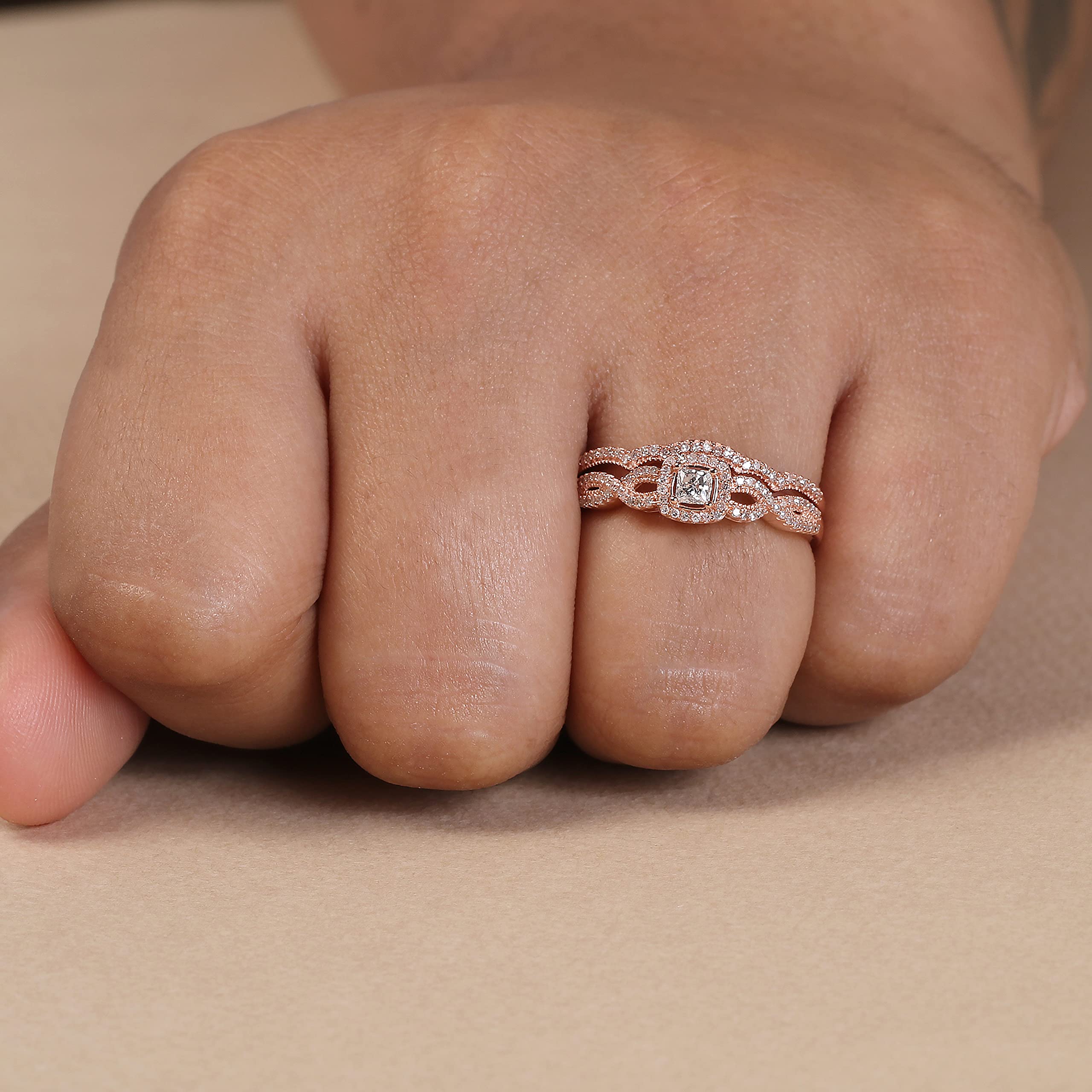 DZON IGI Certified 10k Rose Gold 3/8CT TDW Princess & Round Cut Diamond Halo Engagement Ring Set Love Gift for Women (I-J, I2)