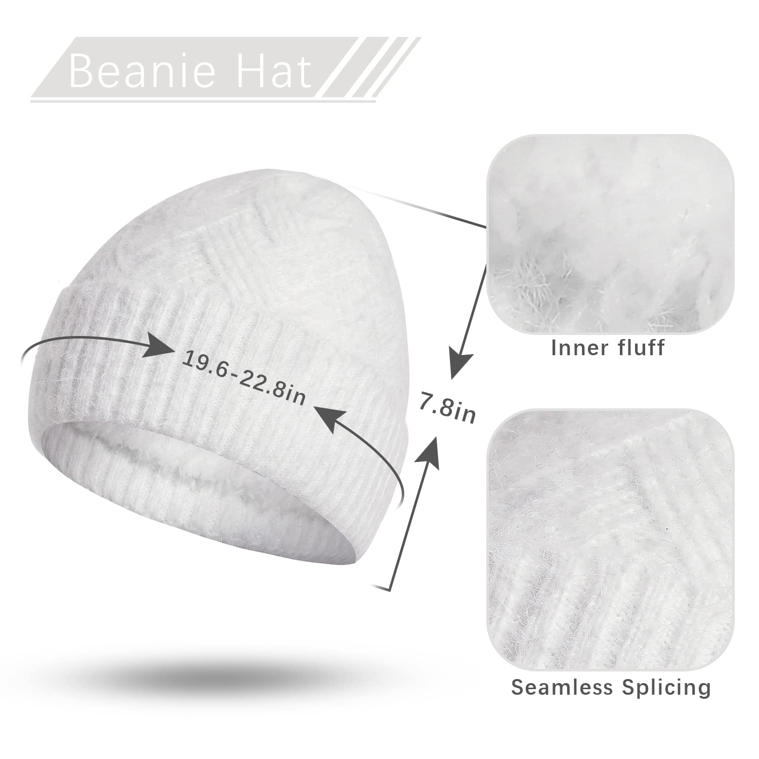ecodudo Women Winter Beanie Hat Scarf Set Touch Screen Gloves Set with Pom for Women (White)