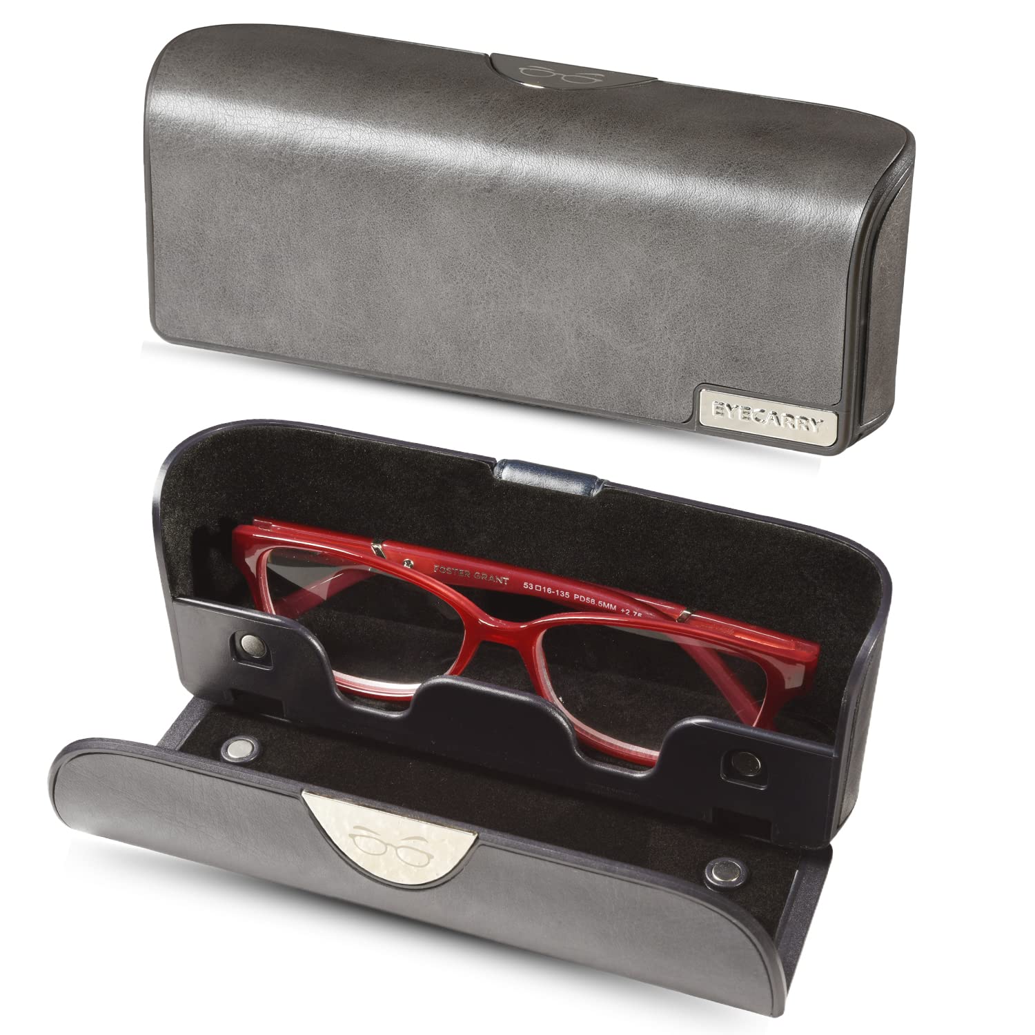EYECARRY Charcoal Gray Eyeglasses Case, Soft Vegan Leather Glasses Holder, Patented Open Face Design For Easy One-Handed Access, Hard Shell Case For Men or Women Sunglasses, Reading Glasses & More