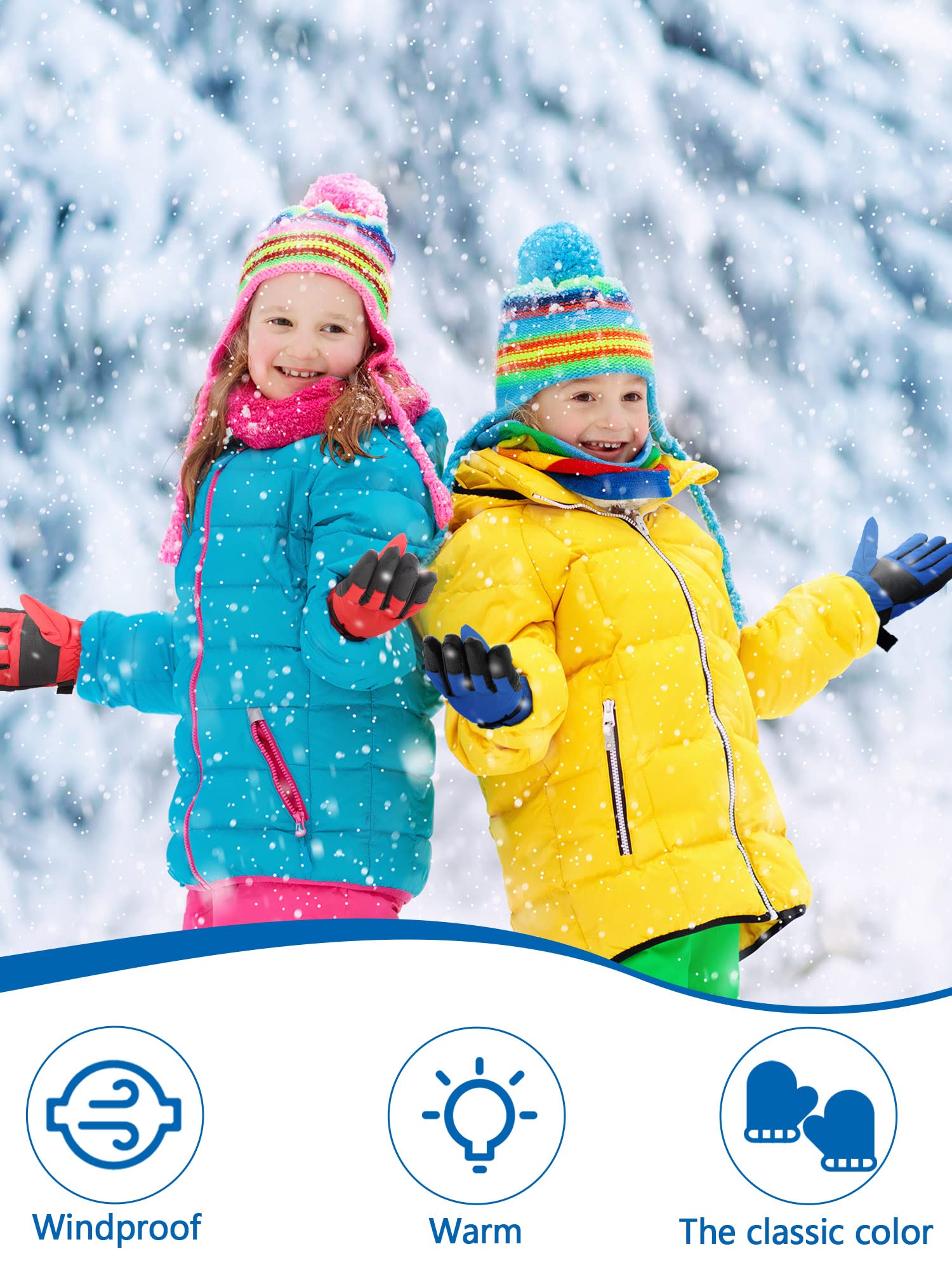 Eurzom 2 Pairs Kids Winter Gloves Waterproof Ski Gloves Windproof Warm Unisex Ski Gloves Warm Snow Gloves with Hook and Loop(Red, Blue, for 6-13 Years)