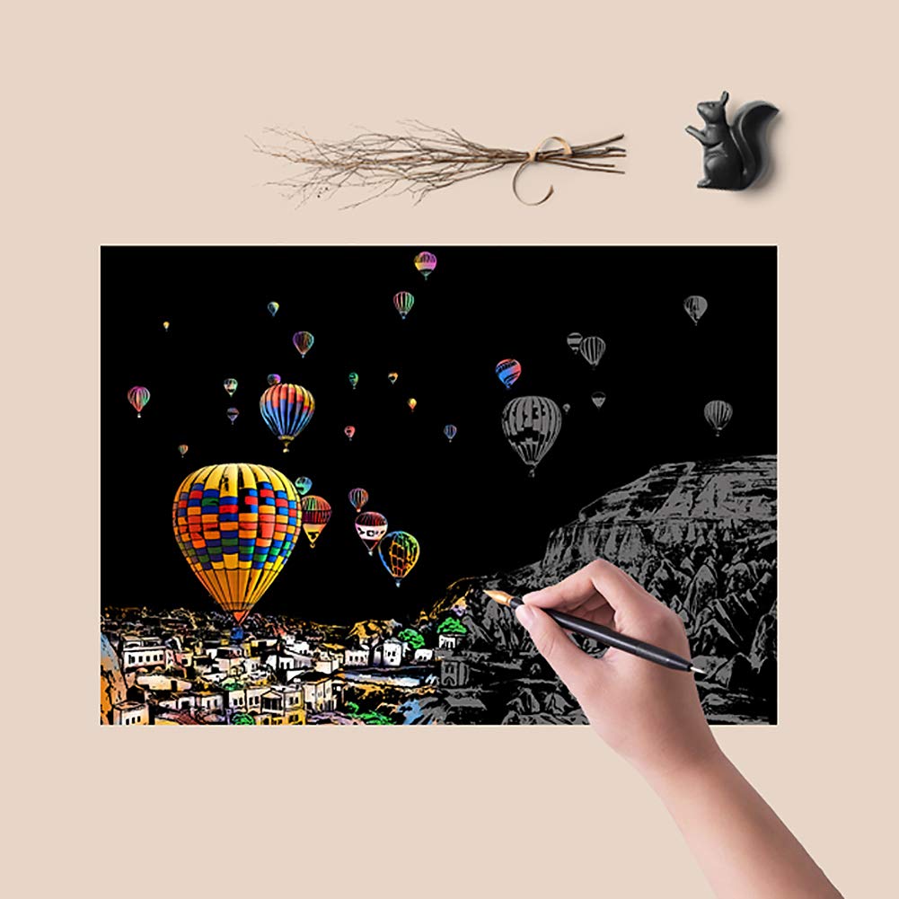Scratch Painting Kits for Adults & Kids, Rainbow Painting Night View Scratchboard(A4), Crafts Set: 8 Sheets Scratch Cards with 6 tools in Bag - New York, Statue of Liberty, Seattle(America / Europe)