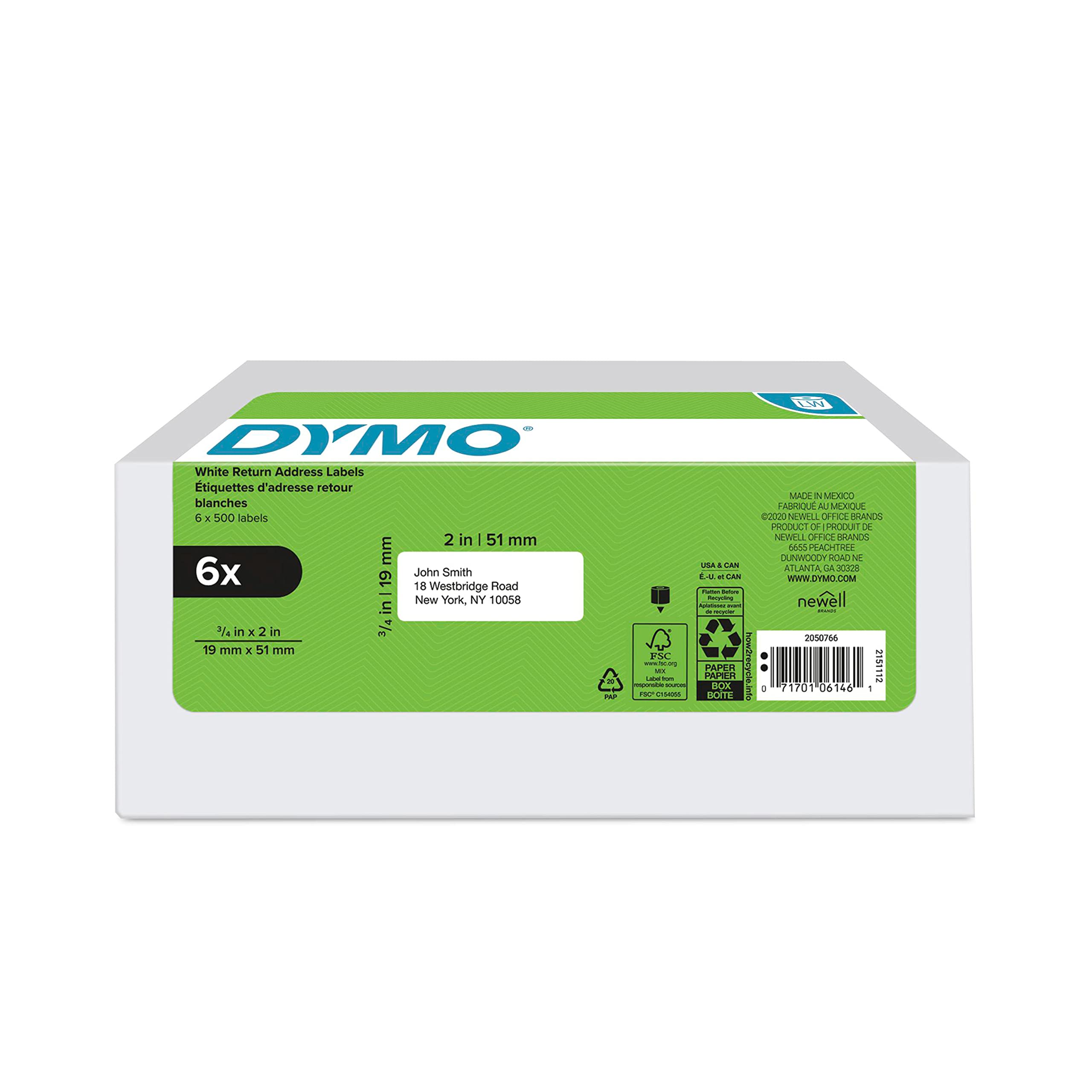 DYMO Authentic LW Return Address Labels for LabelWriter Label Printers, White, 3/4" x 2", 6 rolls of 500 (3000 Total)