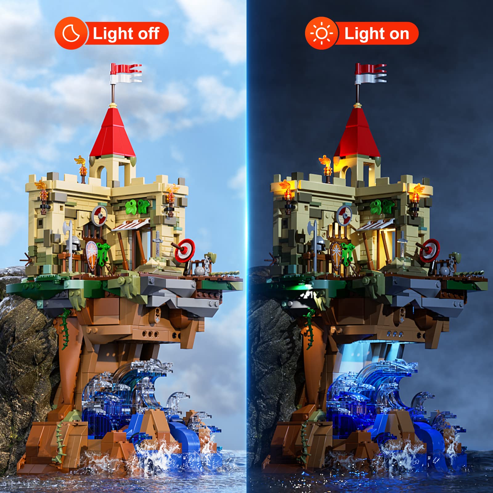 FUNWHOLE Lighting Building Bricks Set - Castle on The Cliff LED Light Construction Building Model Set 1044 Pcs for Adults and Teen
