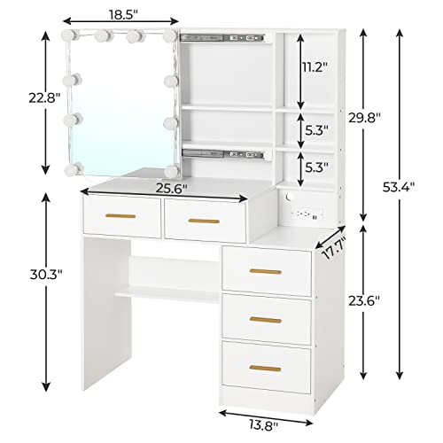 Tiptiper Makeup Vanity with Lights, Vanity Table with Charging Station, Vanity Desk with Sliding Mirror and 10 LED Light Bulbs, Makeup Table with 5 Drawers, Hidden and Open Storage Shelves, White