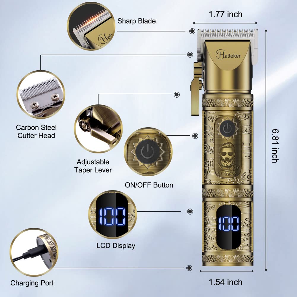 Hatteker Professional Hair Clipper for Men, Cordless Rechargeable Hair Trimmer Eletric Beard Shaver Barber Gromming Kit LED Display (Gold)