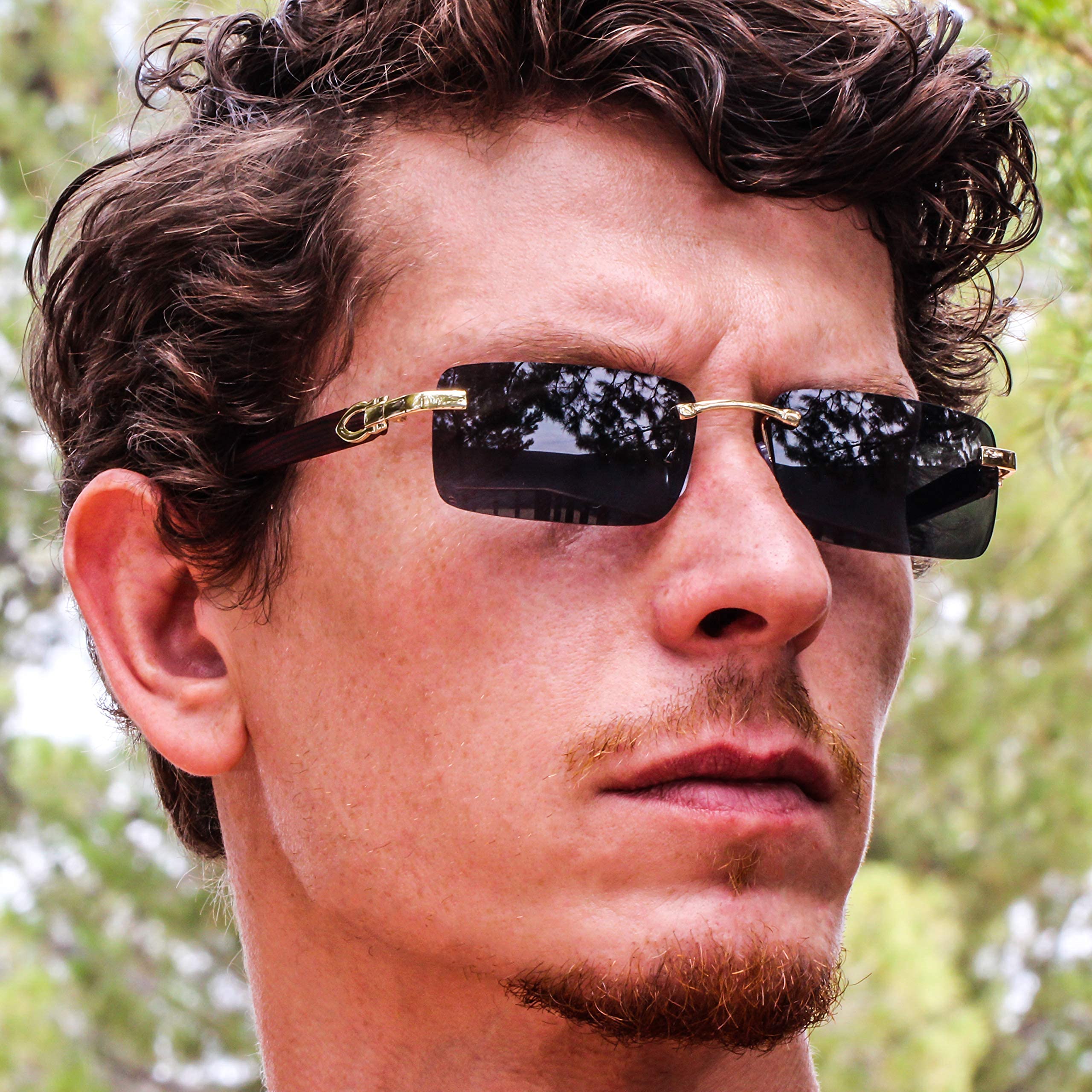 Elite Slim Rimless Rectangular Metal & Wood Art Aviator Sunglasses (Black)