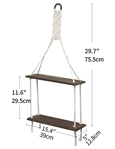Sonefreiy Rustic Hanging Shelves 2 Tier White Rope Brown Wood Floating Shelf Window Plant Shelves for Bathroom Bedroom Living Room