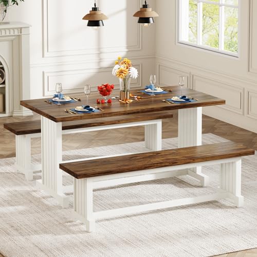 Tribesigns 47" Dining Table Set for 4-6, 3-Piece Kitchen Room Table with 2 Benches, Farmhouse Wood Dinner Table for Small Space, Home Kitchen, White & Rustic Brown