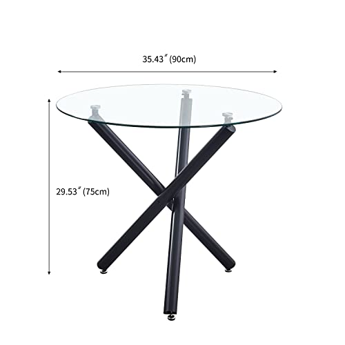 ROOIOME Round Glass Dining Table Set 5 Pieces Dining Table Chair Set for Home Kitchen Round Tripod Chrome Legs Table with 4 PU Chairs, Contemporary Dining Room Furniture Set for Small Space