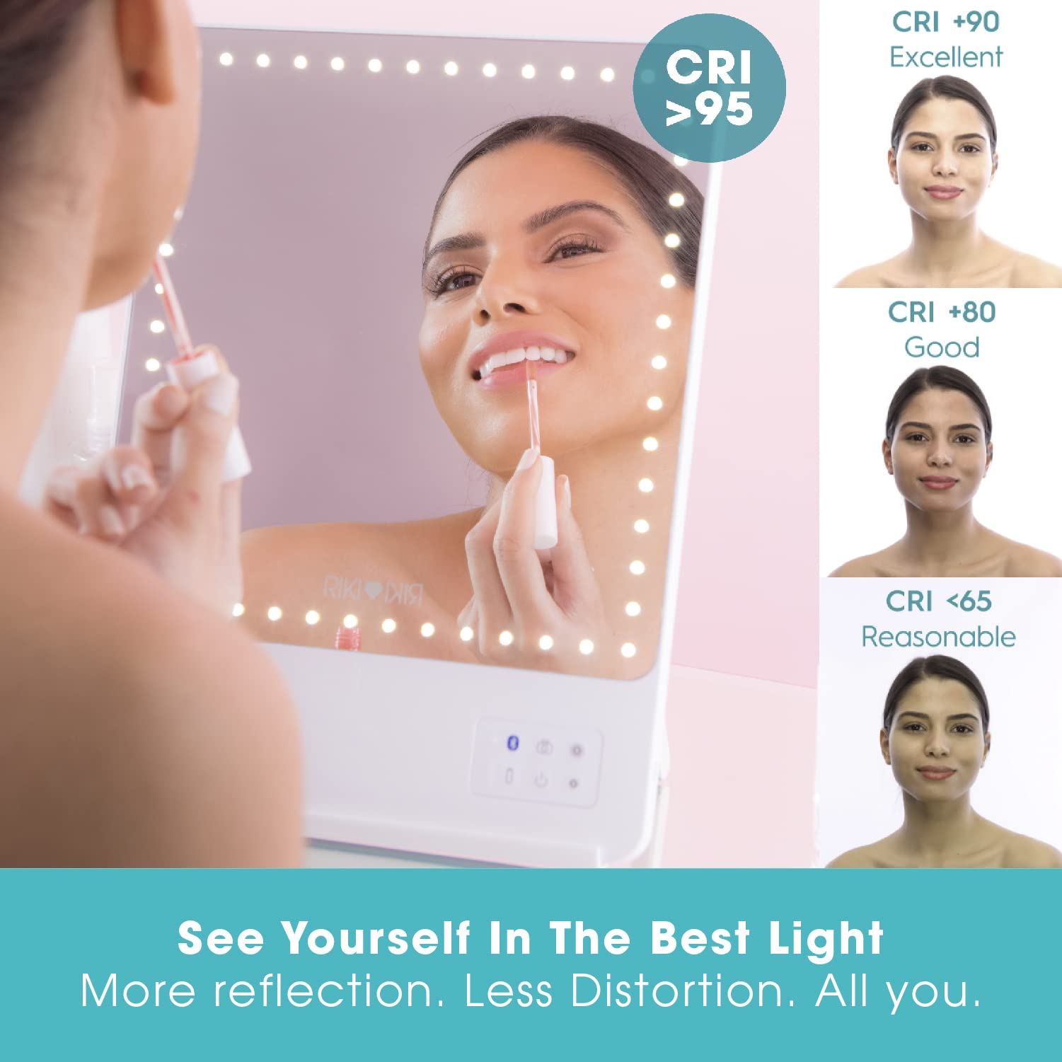 Glamcor Riki Skinny Smart Vanity Mirror with HD LEDs, Magnifying Mirror Attachment, Phone Holder and Bluetooth Control (White, 5X Magnification)