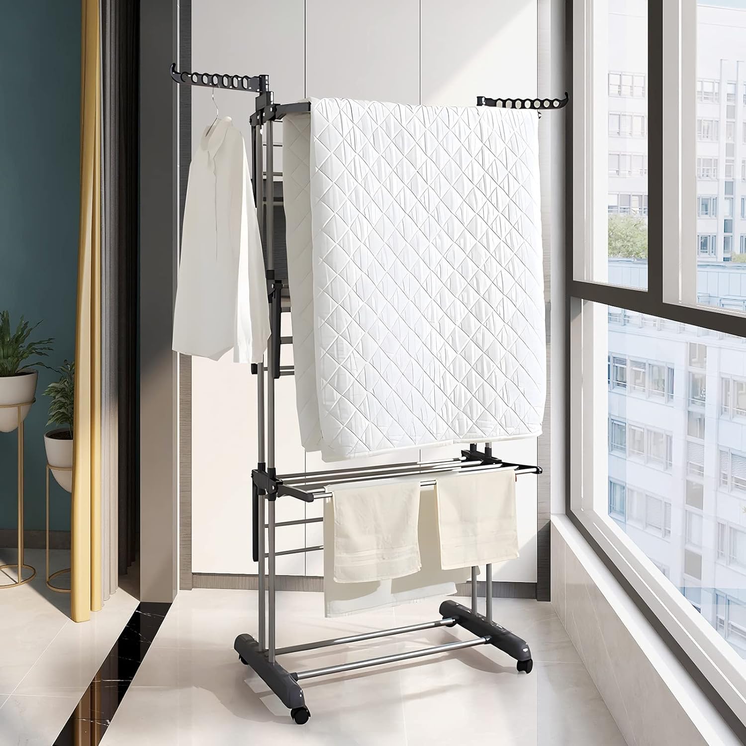 KissAir 4-Tier Folding Drying Rack, Clothes Drying Rack, Stainless Steel Free Standing Movable Laundry Rack, Heavy Duty Rack for Clothing, Bed Linen, Grey