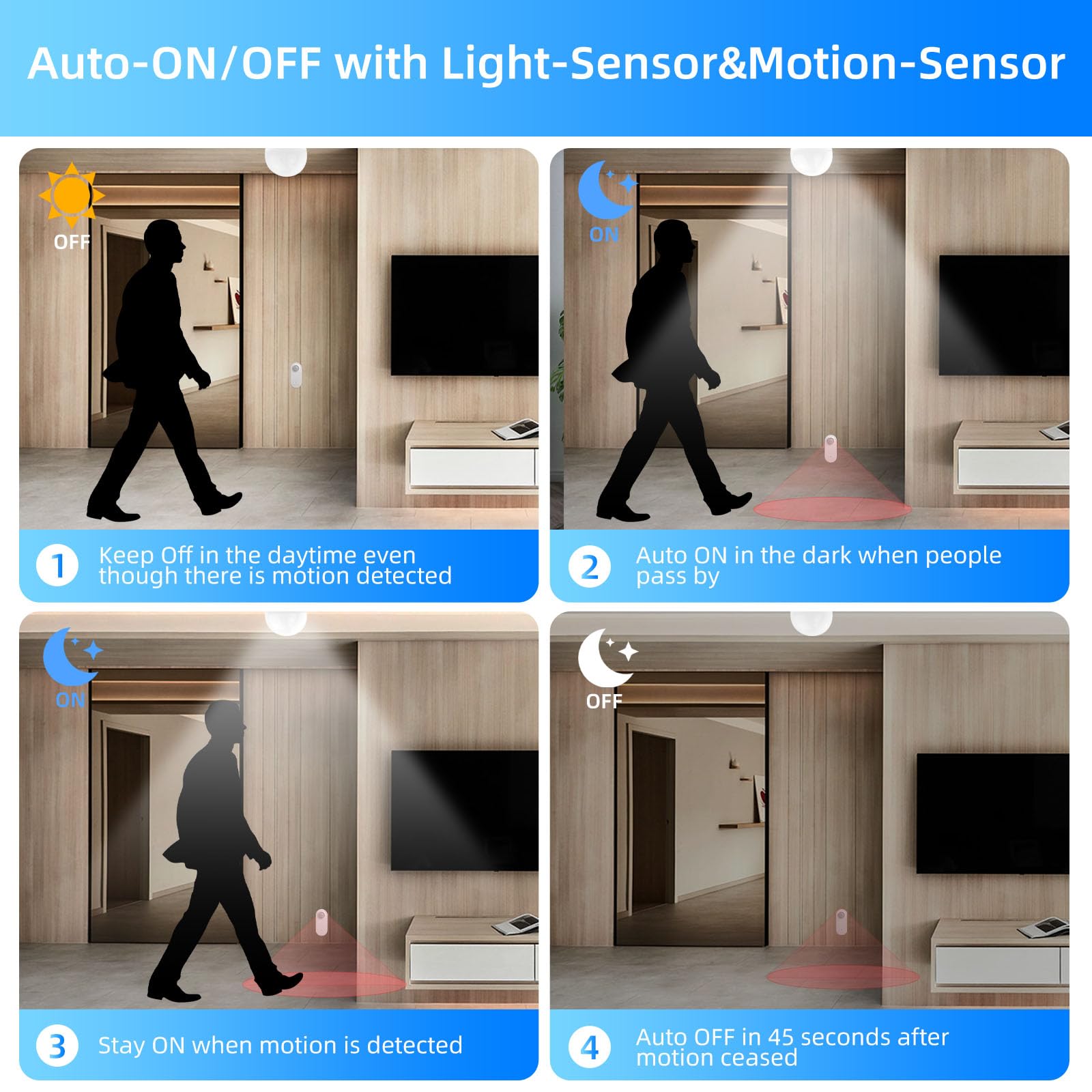 Motion Sensor Light Bulbs, 10W (120W Equivalent) 1200lm Motion Activated Dusk to Dawn Security LED Bulb, 3000K Warm White, A19/E26, Auto On/Off Indoor Outdoor Lighting, for Garage Basement Hallway