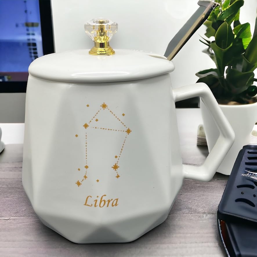 RedRoko Zodiac Sign Star Self Heating Coffee Mug - Astrology Coffee Mugs, Constellation, Astrology Zodiac Signs, Coffee Warmer Mug, Ceramic Coffee Mug with Hot Plate, Spoon & Lid - Libra - White