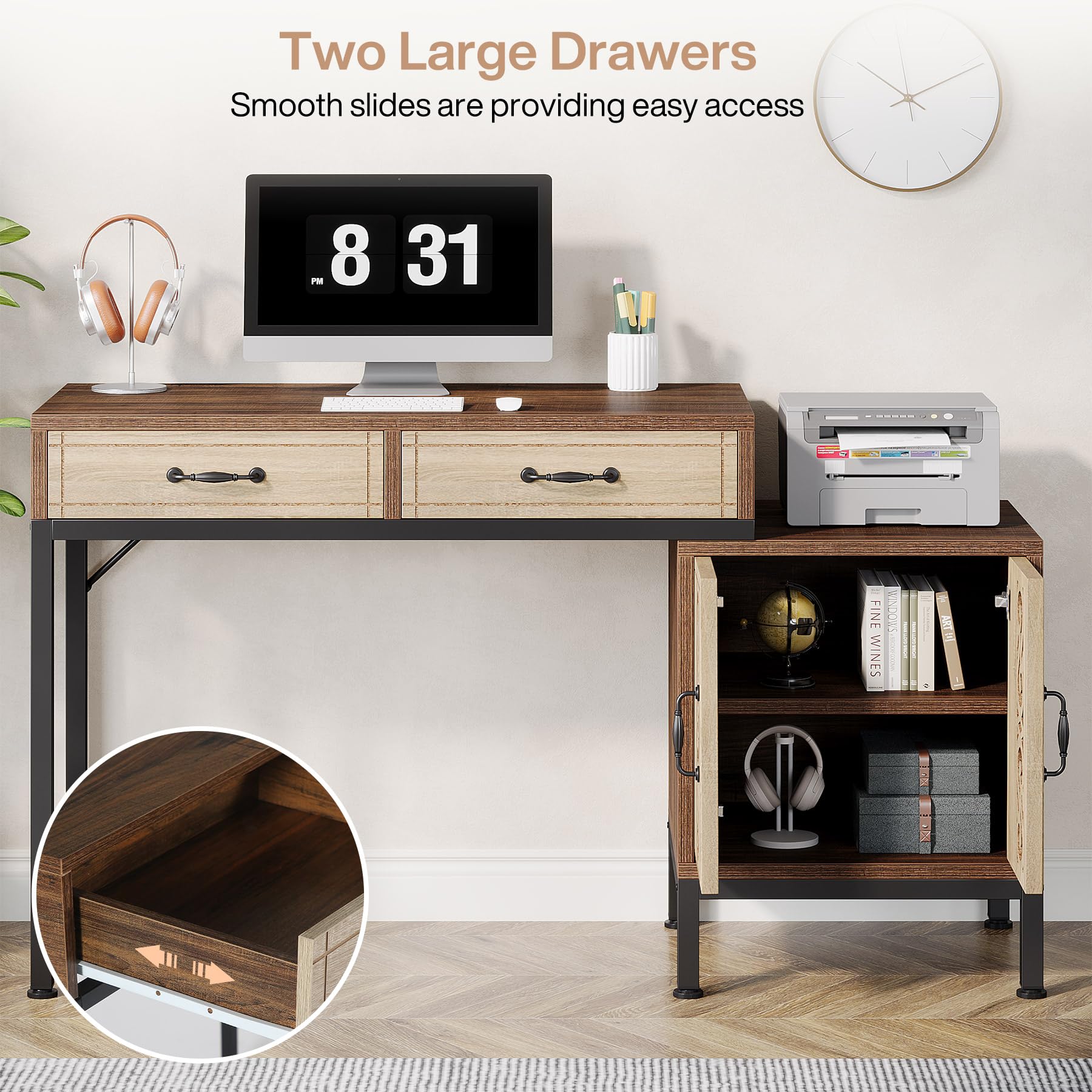 Tribesigns 55-Inch Computer Desk with Drawers, Home Office Desk with Storage Cabinet and Printer Space, Reversible Computer Desk Workstation for Home Office, Bedroom, Wood and Brown