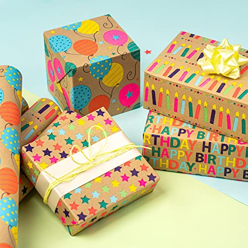 RUSPEPA Wrapping Paper Kraft Paper - Colorful Birthday Text Wrap Design - 4 Rolls - 30 inches x 10 feet per Roll