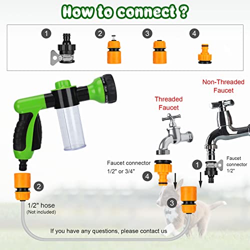 GINDOOR 6 Pieces Pet Bathing Tool Set Include Hose Spray Nozzle Livestock Foamer Soap Dispenser with Connectors and Dog Rubber Comb Brush, Dog Bathing Sprayer for Pets Showering …