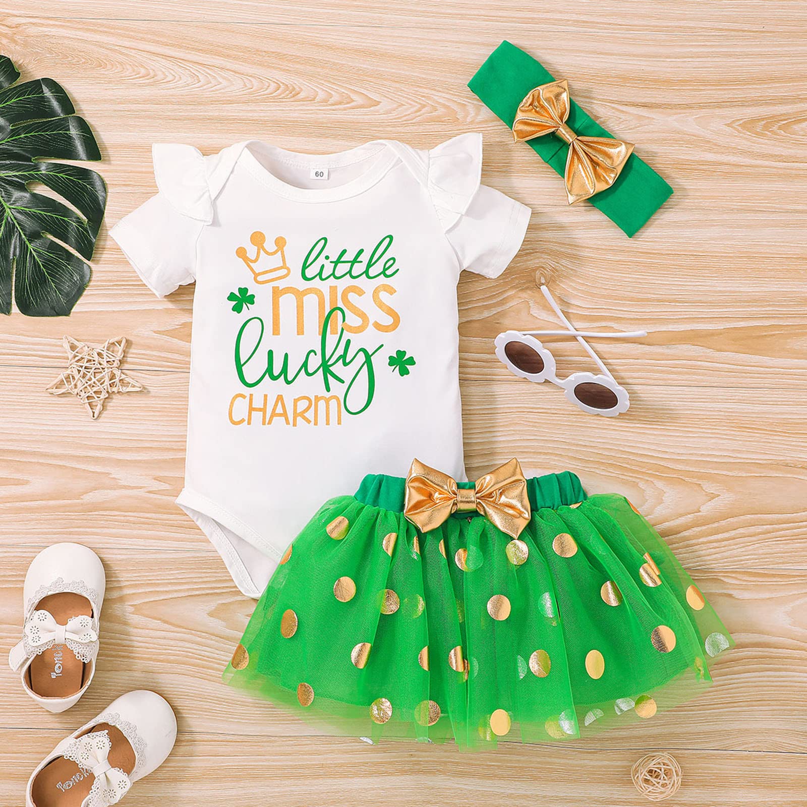 Infant Dot Tulle Outfits Headbands St.Patrick's Day Letter Romper Bodysuit Girls Printed Baby (Green, 3-6 Months)
