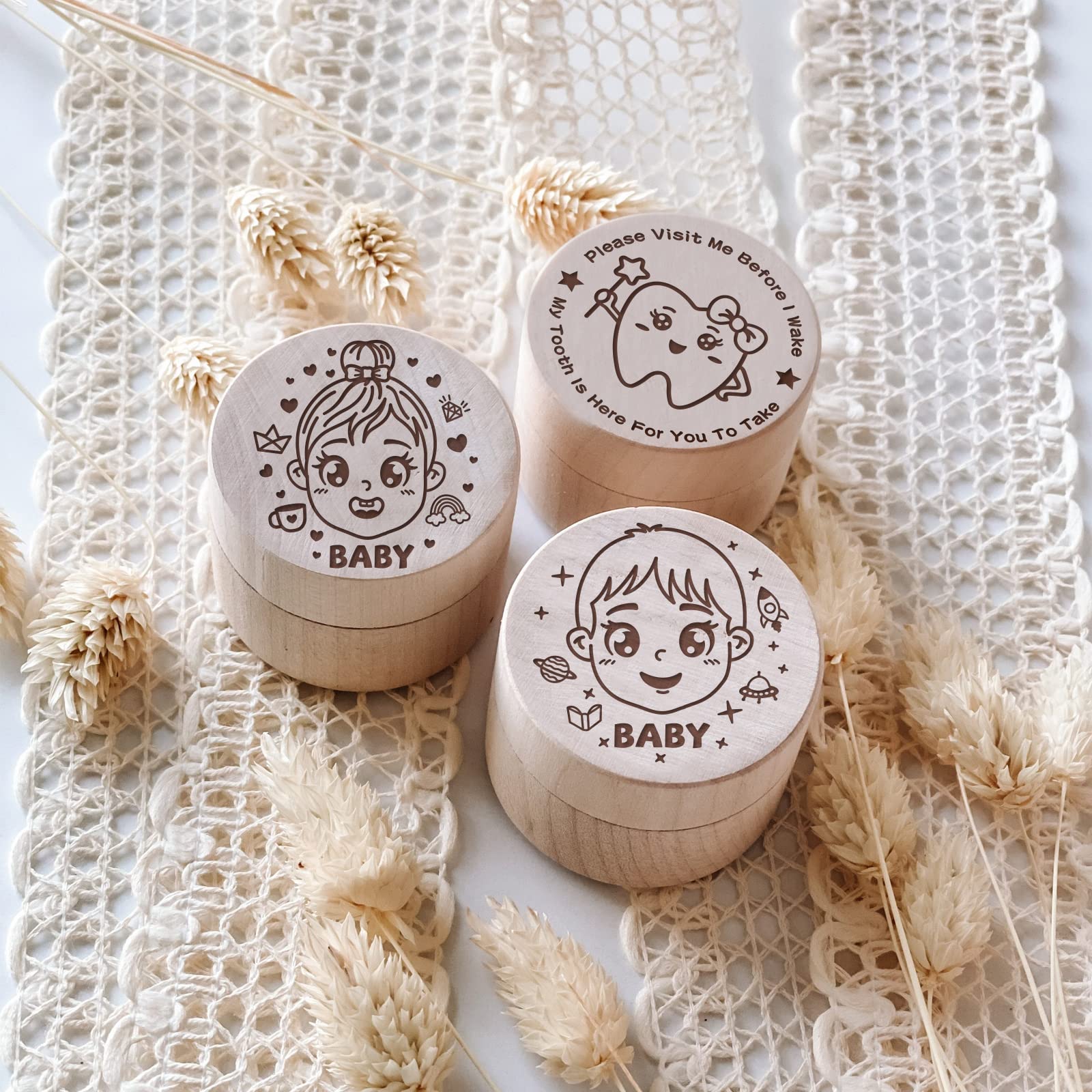 INFUNLY 3pcs/set Tooth Box for Kids Wooden Tooth Fairy Box Baby Teeth Keepsake Box Round Tooth Holders for Baby Shower Birthday Gift