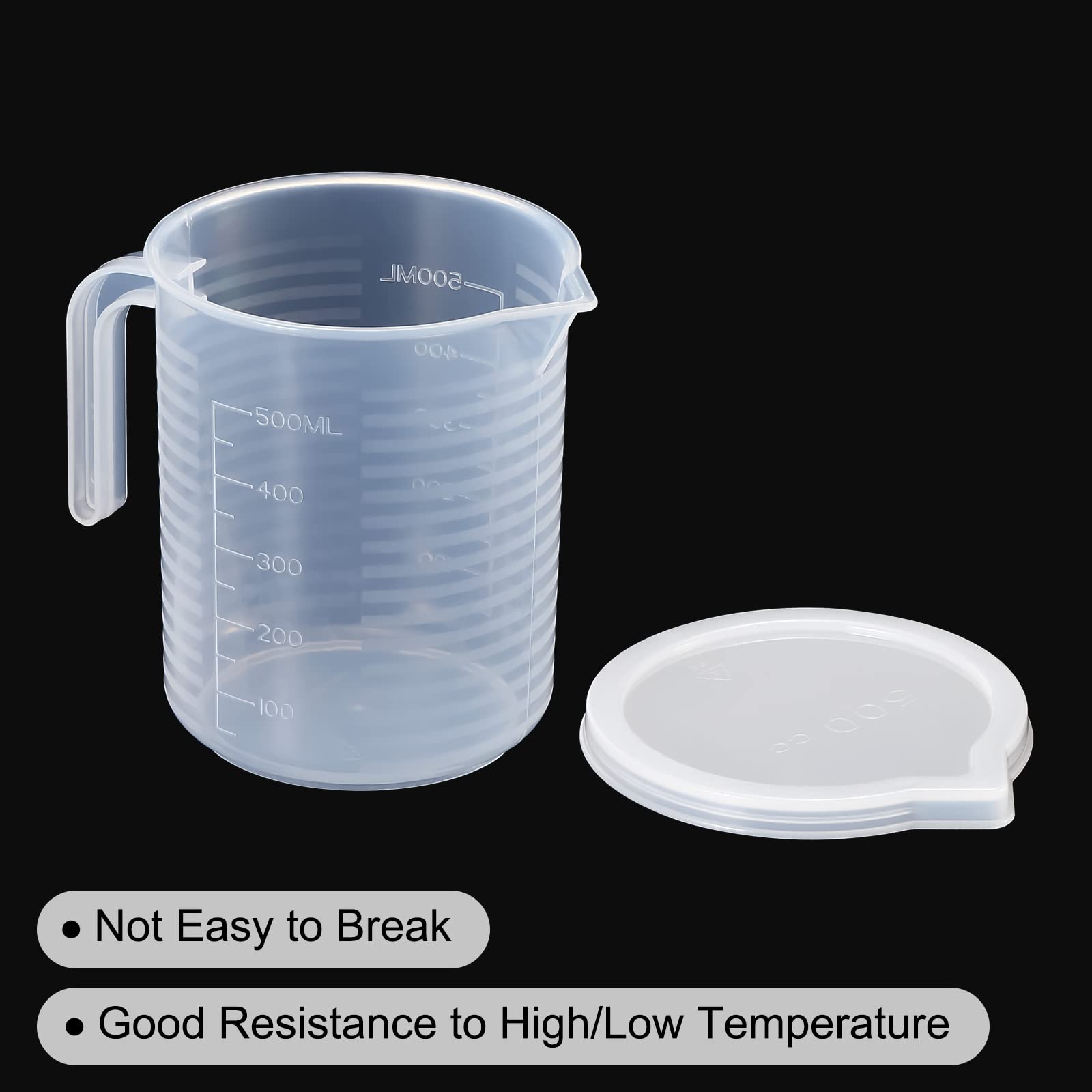 PATIKIL Graduated Beaker, 500ml PP Plastic Liquid Measuring Cup Double Sided Graduations with Handle Lid and Spout for Lab Kitchen Home