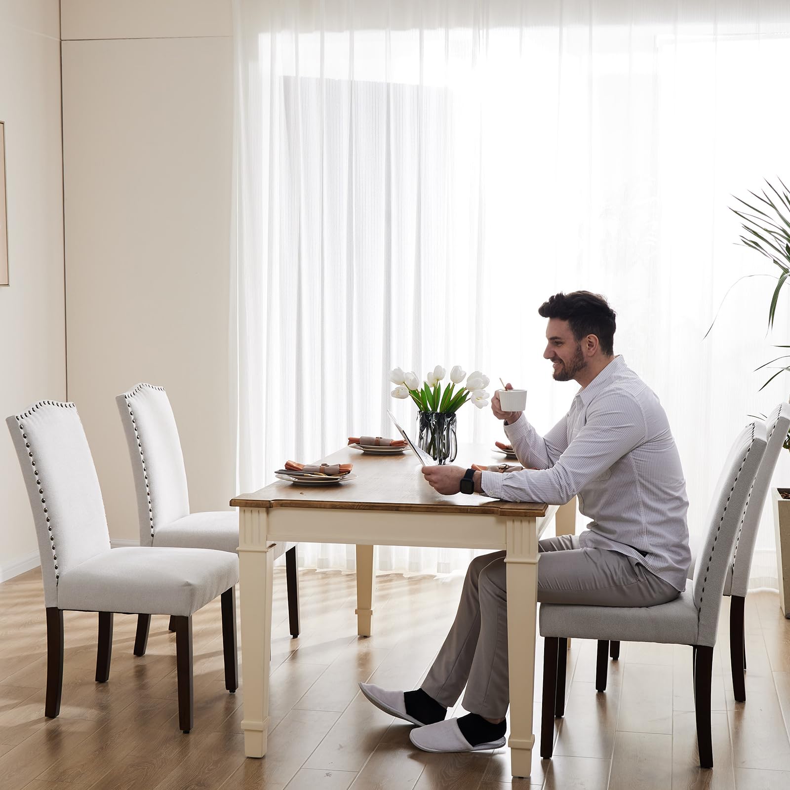 DUMOS Dining Chairs Set of 4, Fabric Dining Room Chairs, Upholstered Parsons Chairs with Nailhead Trim & Wood Legs, Kitchen Side Chair for Dining Living Room,Bedroom - Grey
