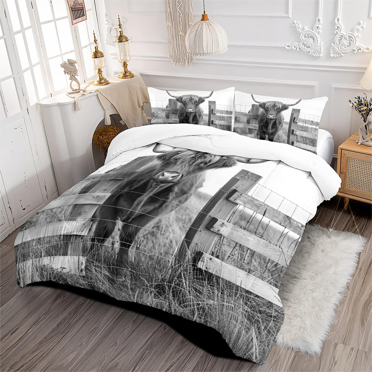 Menkala Grey Cow Queen Size Bedding Set,Highland Cattle Comforter Set for Men Women,Farmhouse Bull Down Alternative Comforter,3Pcs Comforter Breathable Warm Room Collection