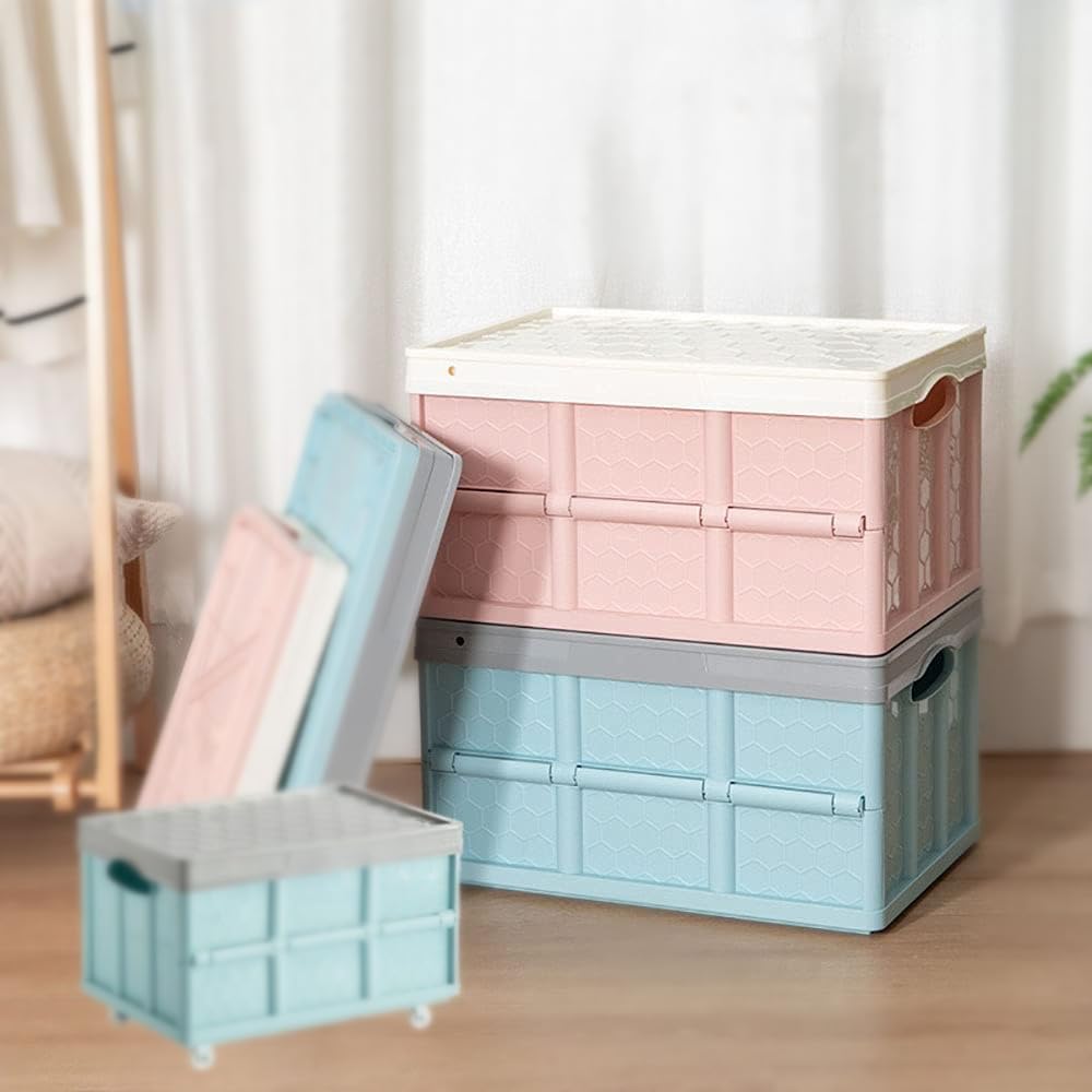 Radefasun Foldable Storage Bins with Lids and Wheel Plastic Collapsible Storage Box Portable Stackable Grocery Books Container Folding Latching Storage Crate for Indoor Outdoor (Pink, L)