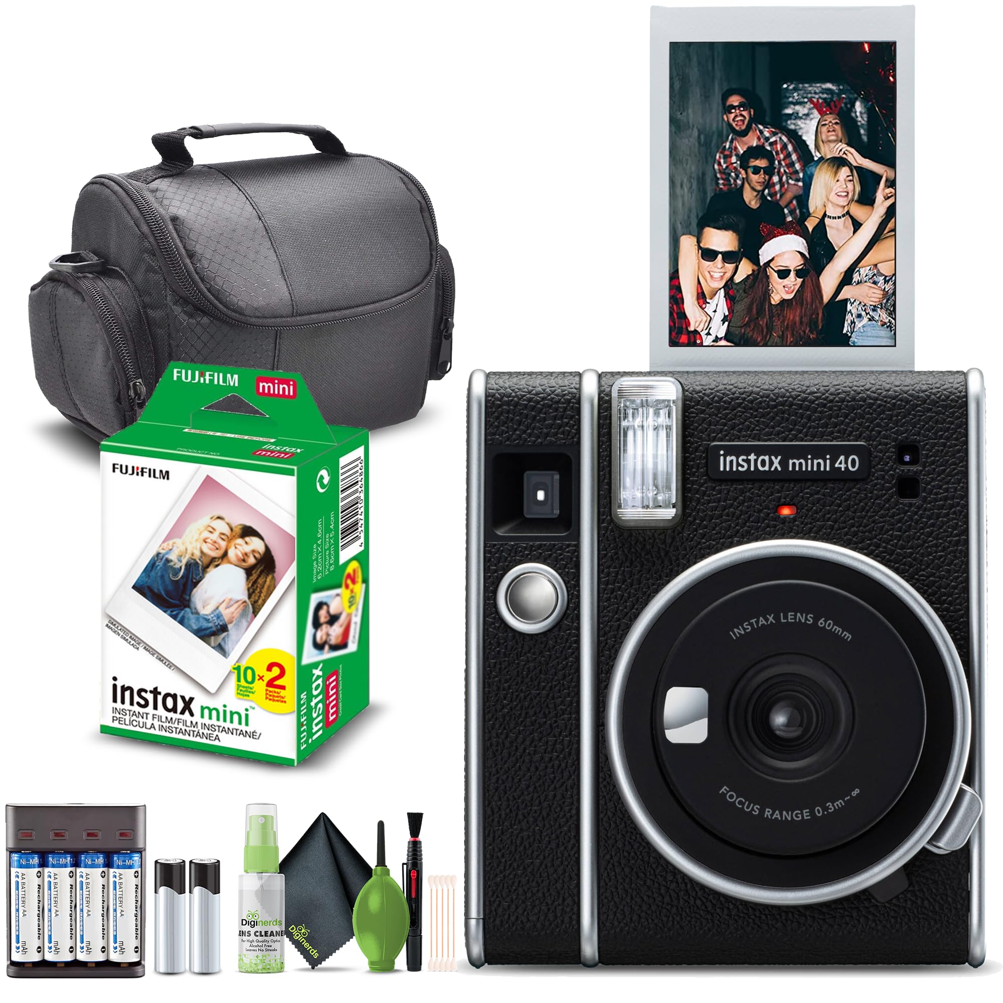 Fujifilm Instax Mini 40 Instant Camera Black Vintage Look Bundle with Fuji Instax Mini Film 20 Sheets + 4 Rechargeable Batteries and More Perfect Camera for Kids, Wedding, Birthday Or Any Occasion